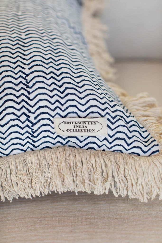 Handblock Pillow Cover - Waves Indigo Linen - Emerson Fry