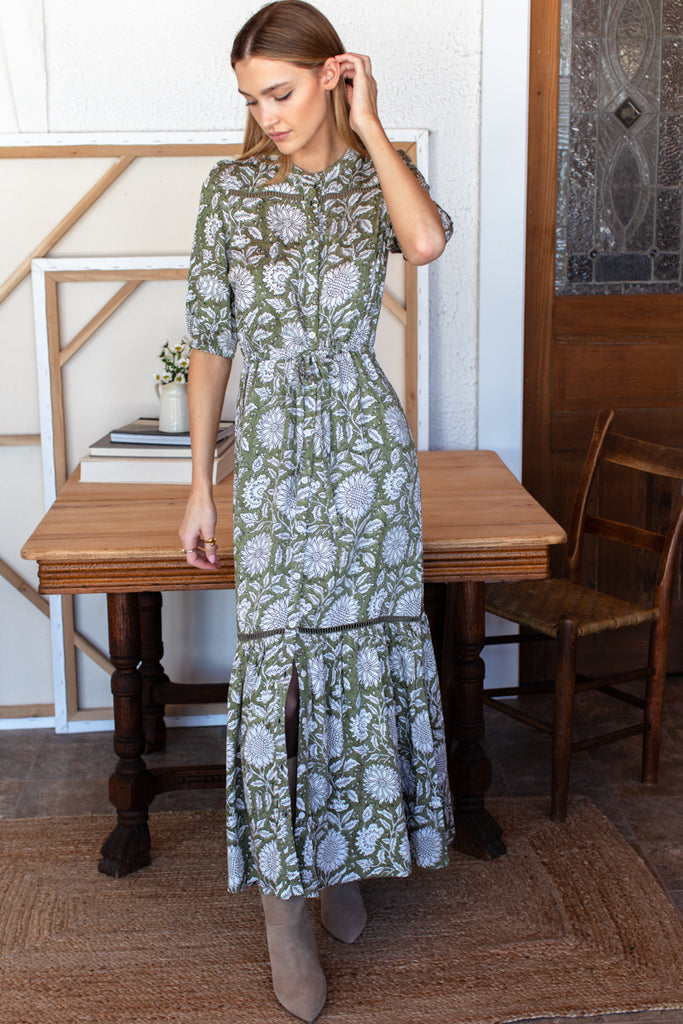 Lucy 4 Short Sleeve Dress - Arles Gothic Olive - Emerson Fry