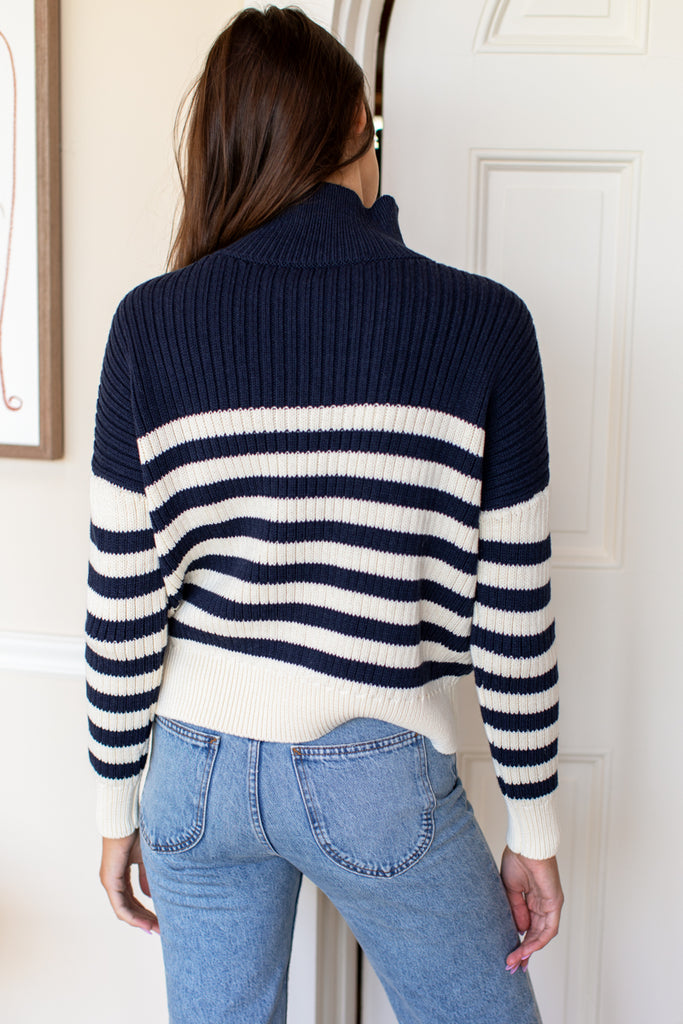 Carolyn Funnel Neck Sweater - Navy Colorblock Stripe Organic - Emerson Fry