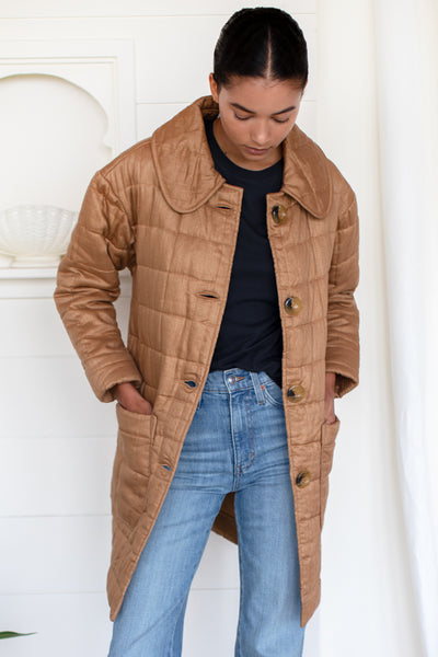Long Quilted Jacket - Camel Linen - Emerson Fry