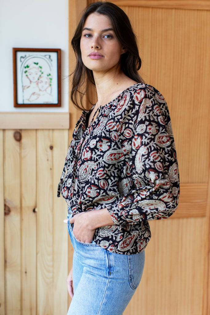 Lucy 2 Blouse - Paisley Black + Clay Satin - Emerson Fry