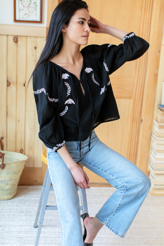 Lucy Dove Embroidery Blouse - Black Flax Voile - Emerson Fry