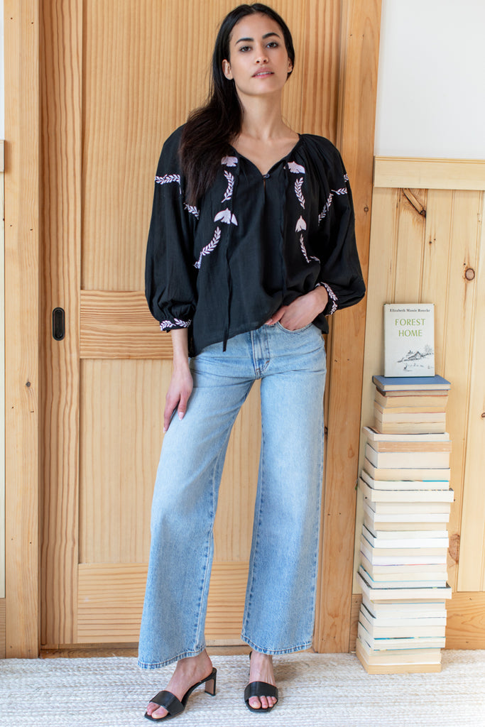 Lucy Dove Embroidery Blouse - Black Flax Voile - Emerson Fry