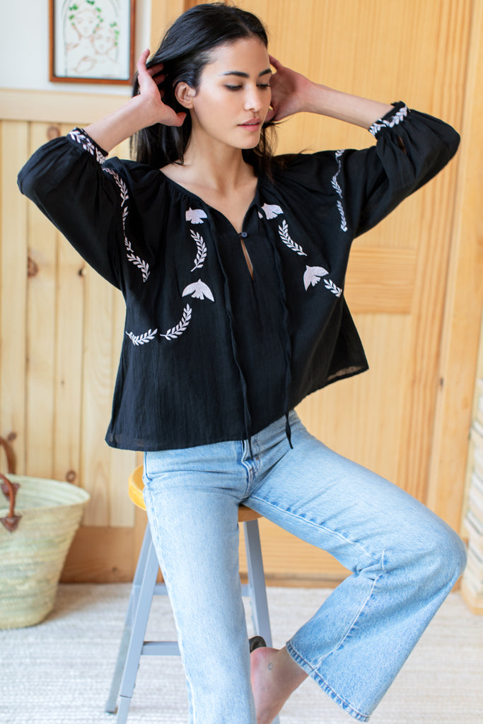 Lucy Dove Embroidery Blouse - Black Flax Voile - Emerson Fry