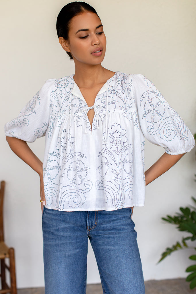 Puff Isla Top - Maeve Outline Indigo Linen - Emerson Fry