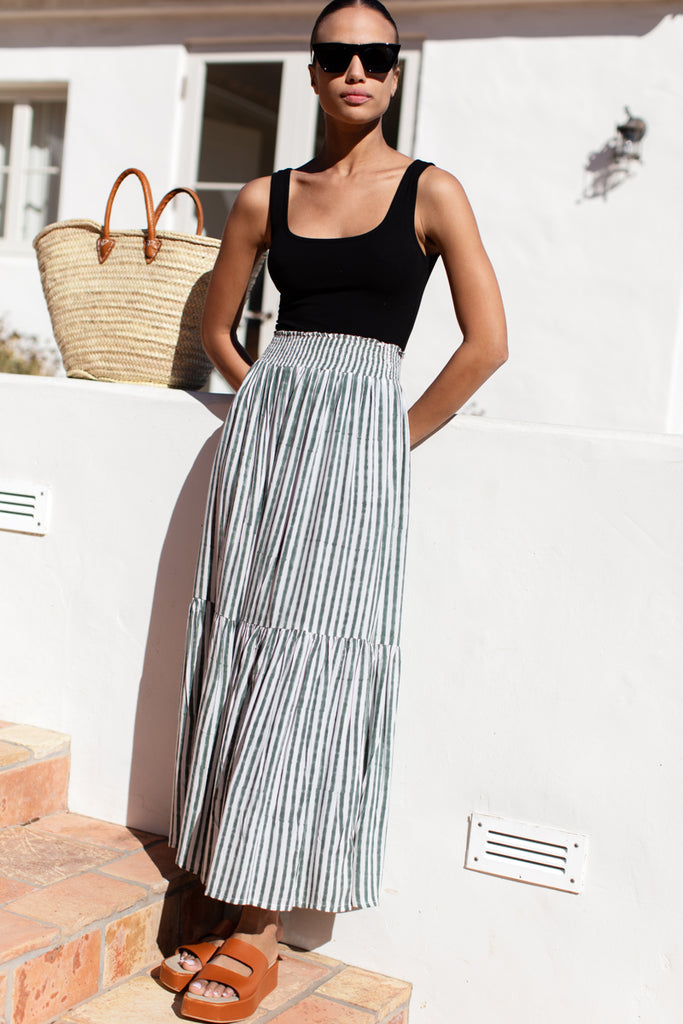 Shirred Skirt - Moss Stripe - Emerson Fry