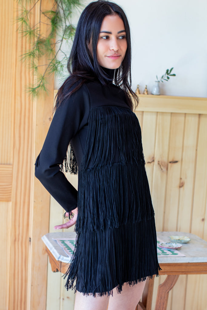 Short Fringe Dress - Black Ponte - Emerson Fry