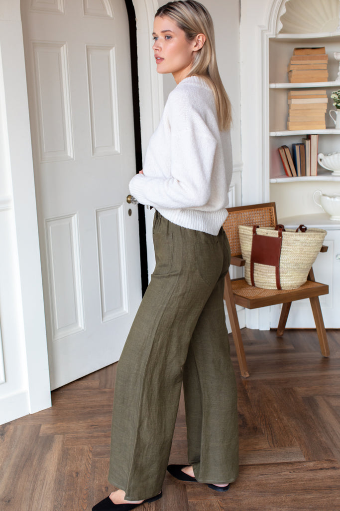 Tulip Wide Leg Pant - Martini Olive Linen - Emerson Fry