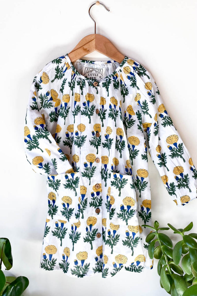 Little Fry Frankie Dress - Big Marigolds White Organic - Emerson Fry
