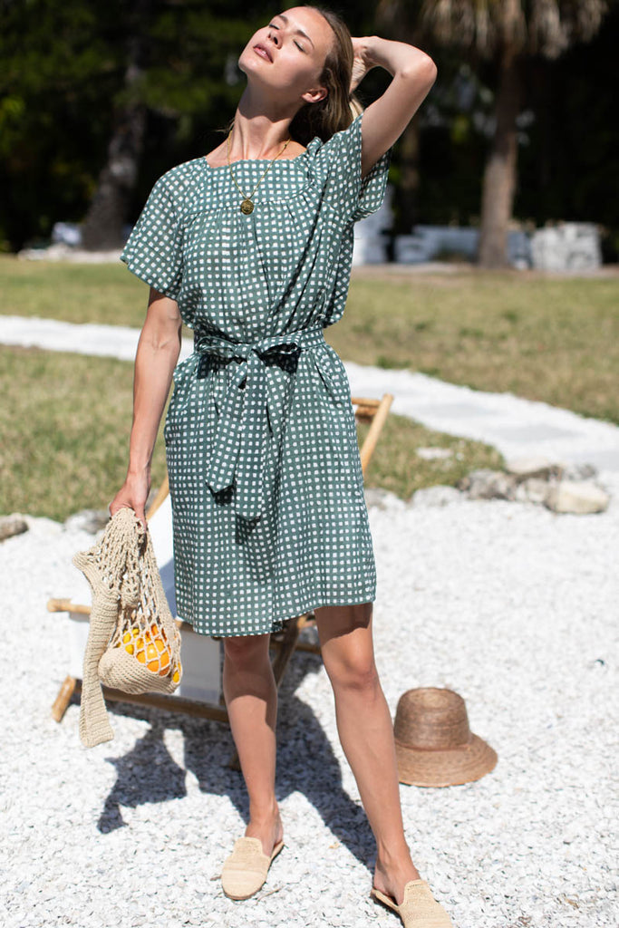 Colette Short Dress - Moss Gingham Organic - Emerson Fry