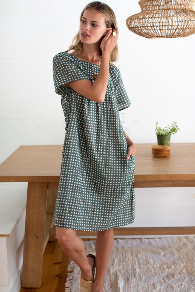 Colette Short Dress - Moss Gingham Organic - Emerson Fry