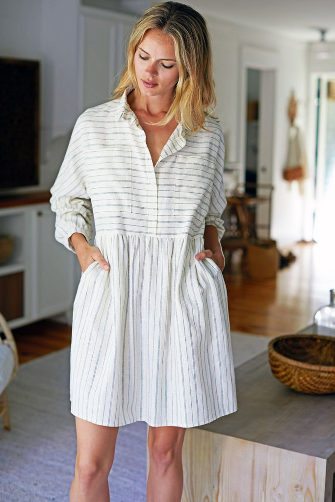 Selma Long Sleeve Dress - Ivory Hemp Stripe Organic - Emerson Fry