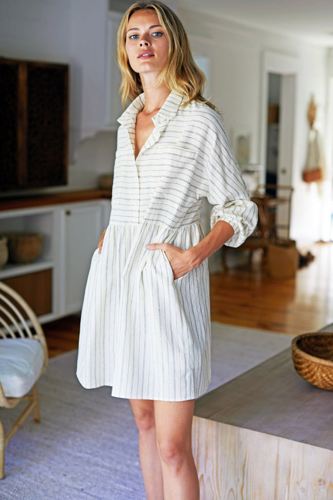 Selma Long Sleeve Dress - Ivory Hemp Stripe Organic - Emerson Fry